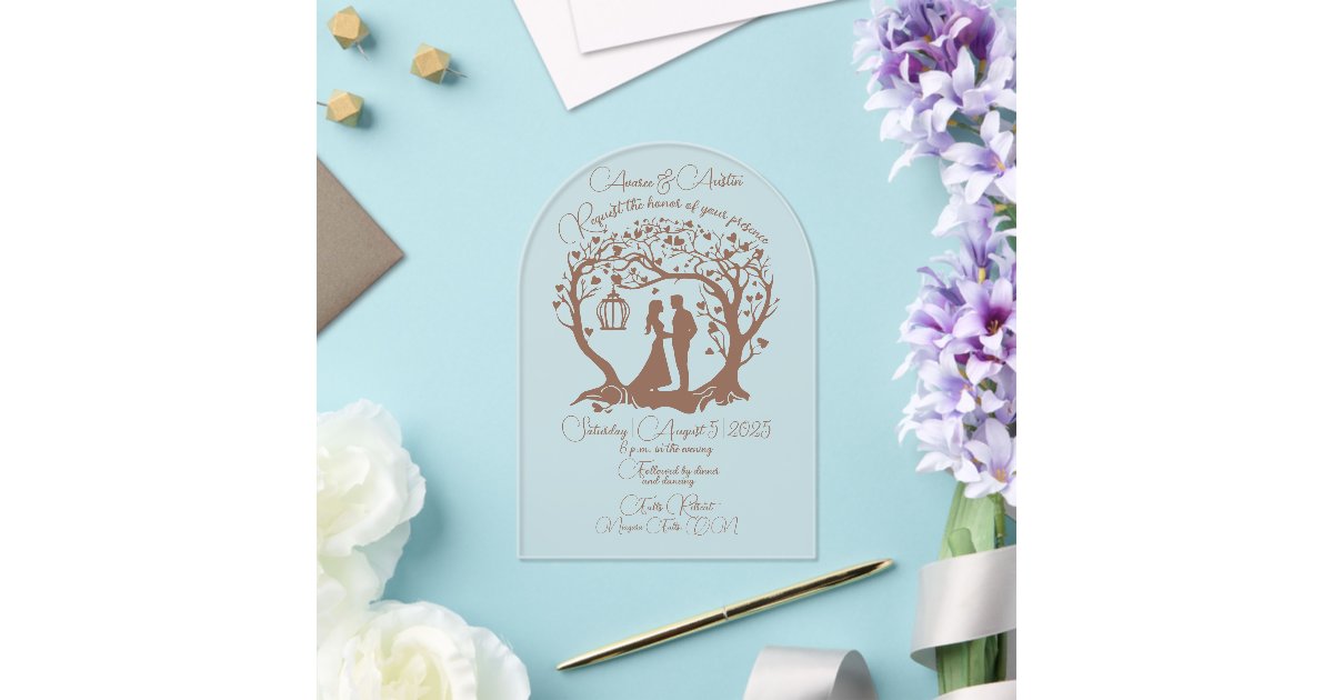 Elegant Wedding Couple Tree Framed Brown Acrylic Invitations | Zazzle