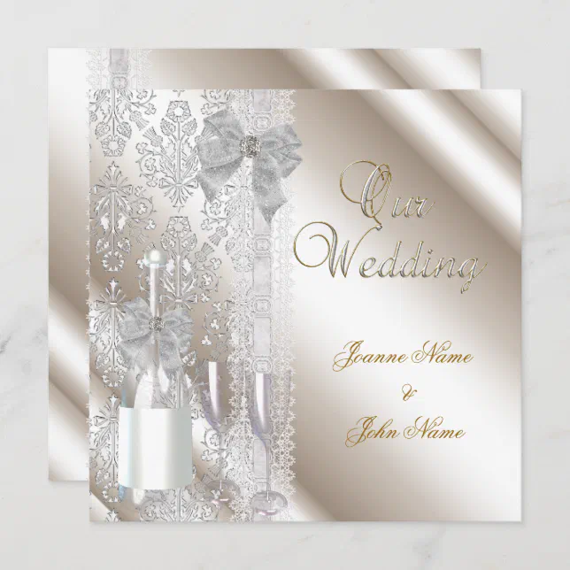 Elegant Wedding Damask Cream White Champagne Invitation | Zazzle