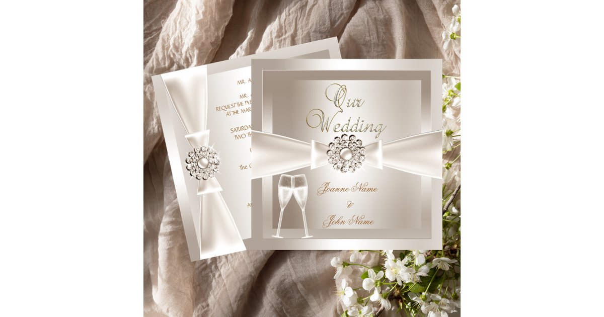 Elegant Wedding Damask Cream White Champagne Invitation | Zazzle