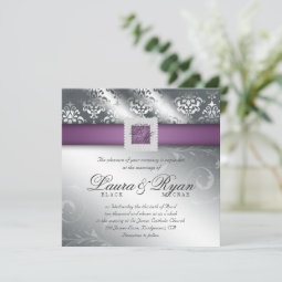 Elegant Wedding Damask Jewel Purple Silver Invitation | Zazzle