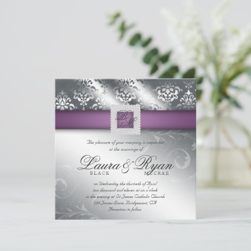 Elegant Wedding Damask Jewel Purple Silver Invitation | Zazzle