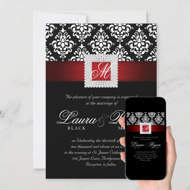 Elegant Wedding Damask Jewels Red Black White Invitation | Zazzle