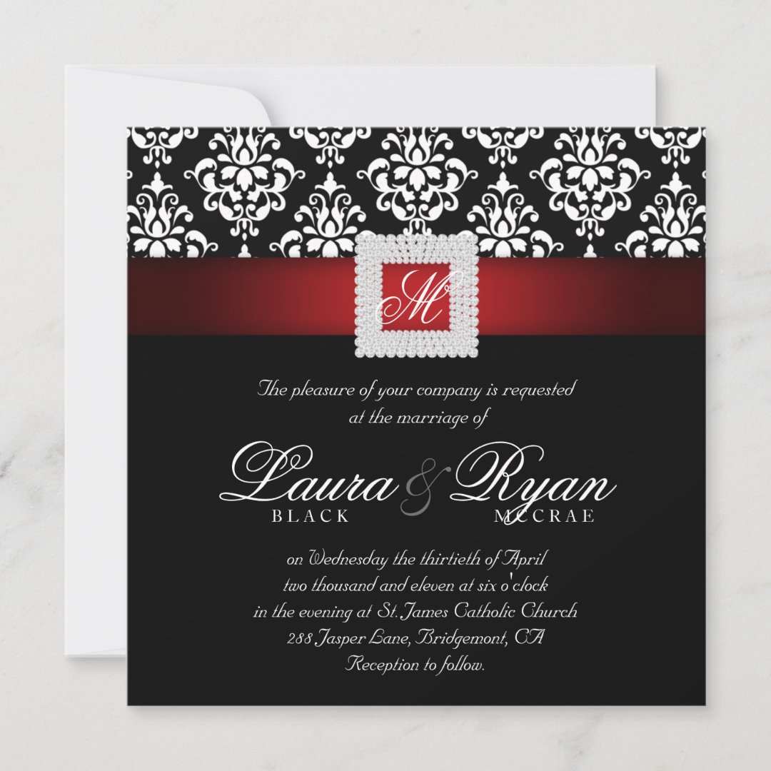 Elegant Wedding Damask Jewels Red Black White Sq Invitation | Zazzle