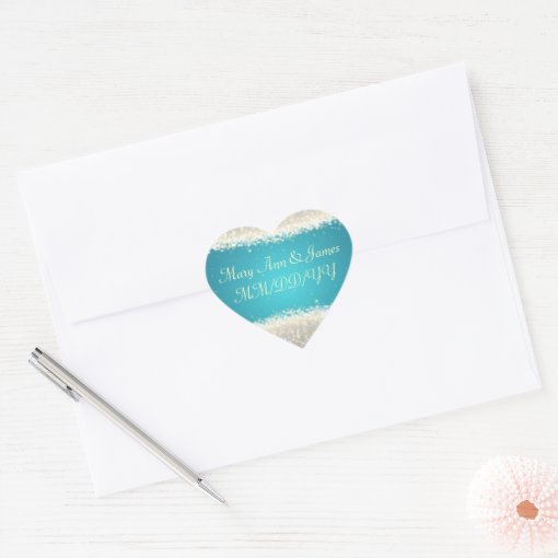 Elegant Wedding Date Dazzling Sparkles Turquoise Heart Sticker | Zazzle