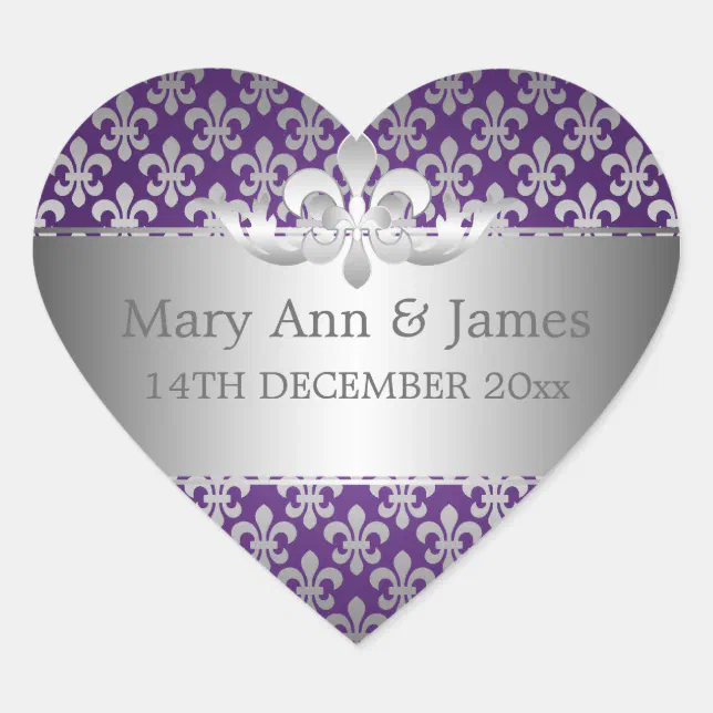 Elegant Wedding Date Fleur De Lis Purple Heart Sticker | Zazzle