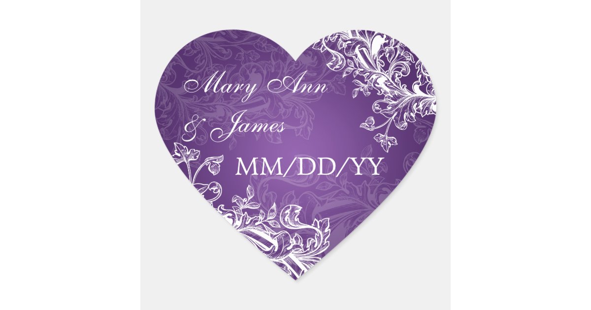 Elegant Wedding Date Vintage Swirls Purple Heart Sticker | Zazzle