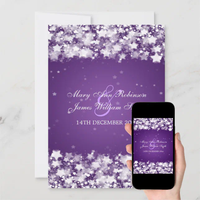 Elegant Wedding Dazzling Stars Purple Invitation | Zazzle