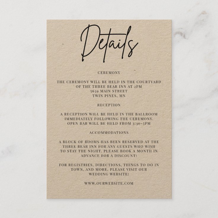Elegant Wedding Details Invitation Insert | Zazzle