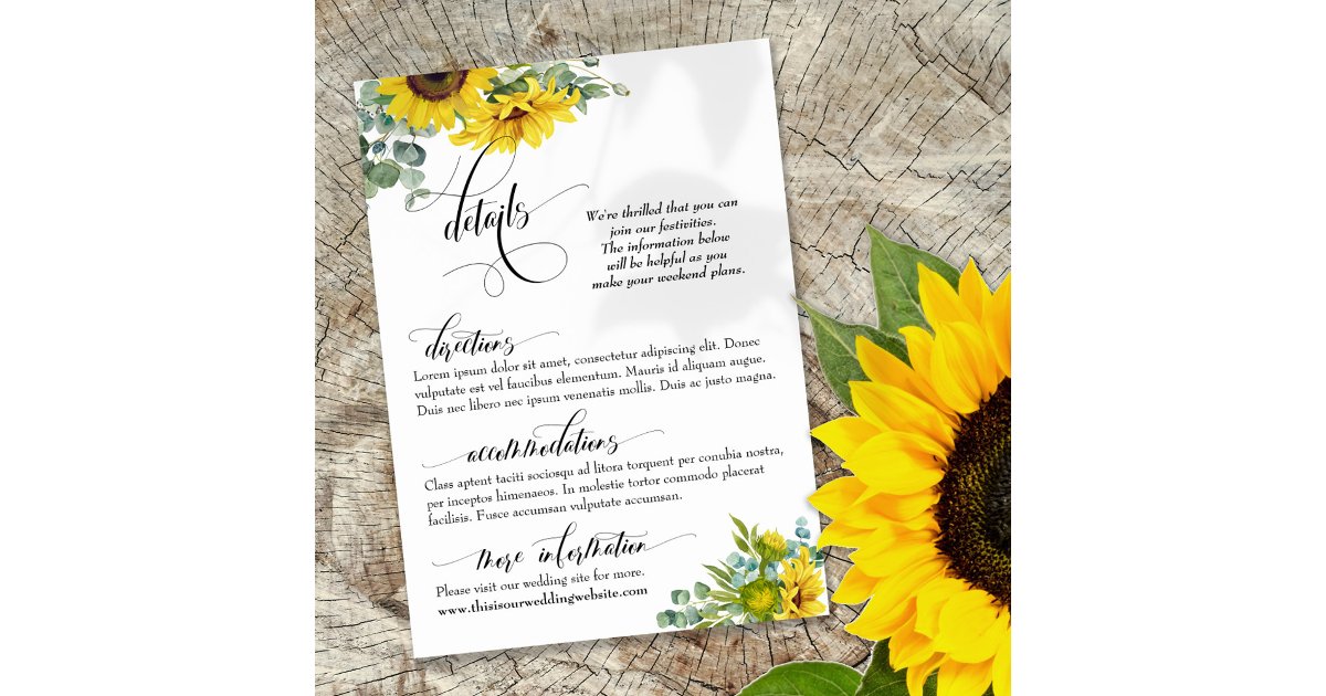 Elegant Wedding Details, Sunflowers & Eucalyptus Enclosure Card | Zazzle