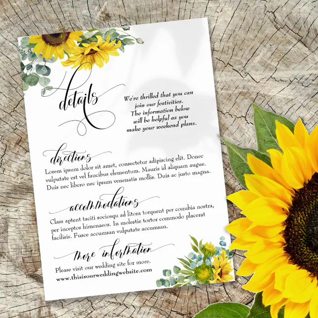Elegant Wedding Details, Sunflowers & Eucalyptus Enclosure Card | Zazzle