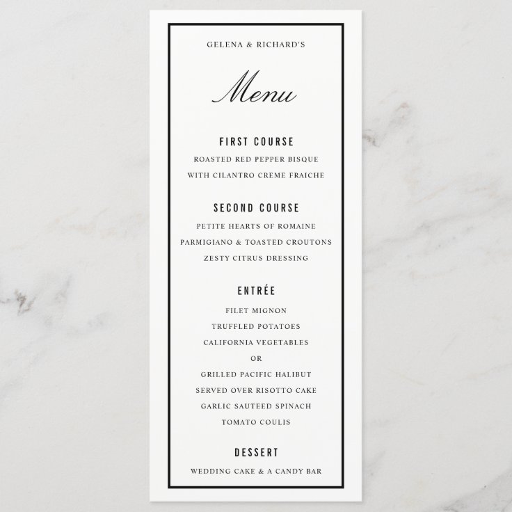 Elegant Wedding Dinner Black White Thick Border Menu | Zazzle