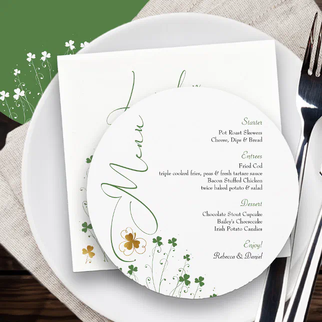 Elegant Wedding Dinner Shamrock Wildflower Irish Menu | Zazzle