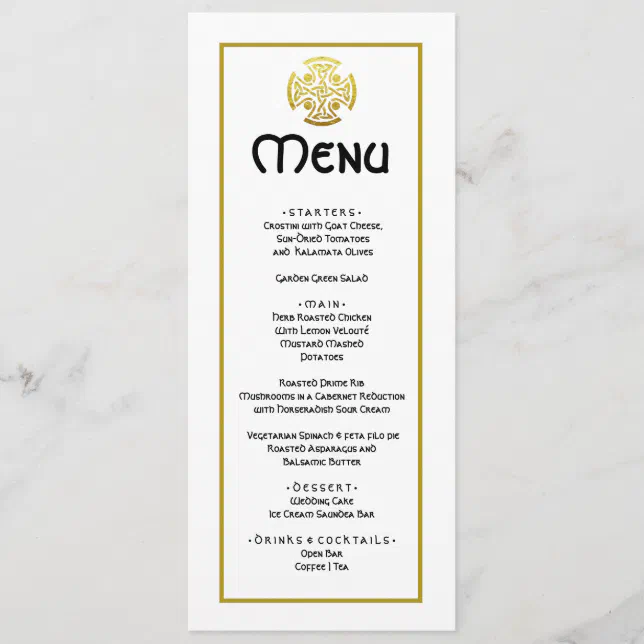 Elegant Wedding Faux Gold Celtic Cross Wedding Menu | Zazzle