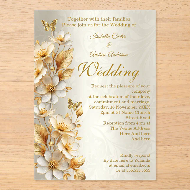 Elegant Wedding Floral Cream Gold Butterflies Acrylic Invitations | Zazzle