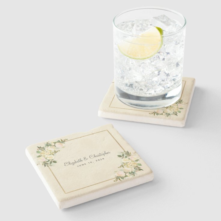 Elegant Wedding Floral Rose Metallic Gold Eggshell Stone Coaster | Zazzle