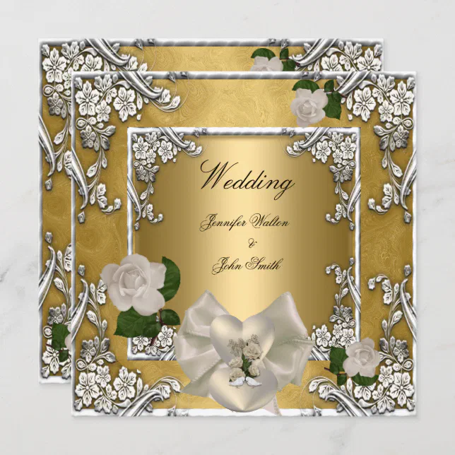 Elegant Wedding Gold Cream Rose Silver Invitation | Zazzle