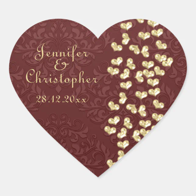 Elegant wedding Gold love hearts and red damask Heart Sticker | Zazzle
