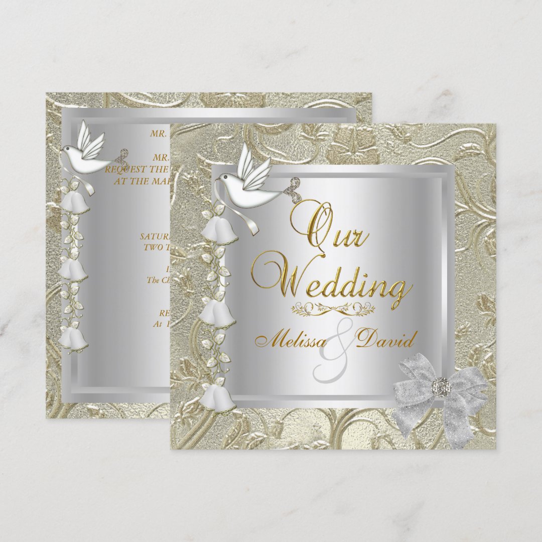 Elegant Wedding Gold Silver White Dove Invitation | Zazzle