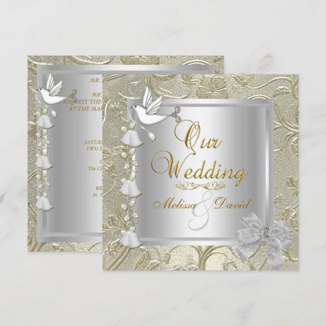 Elegant Wedding Gold Silver White Dove Invitation | Zazzle