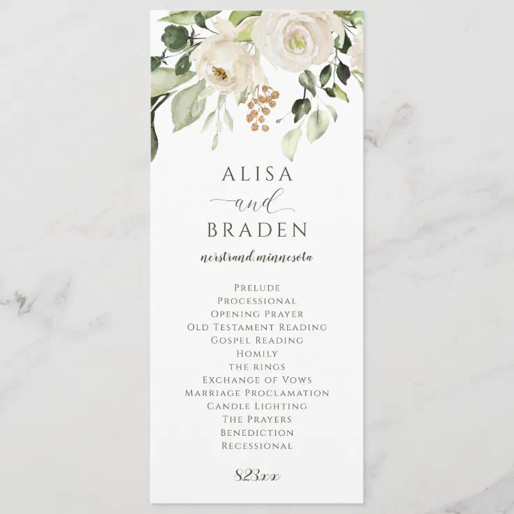Elegant Wedding Greenery Foliage White Floral Program | Zazzle