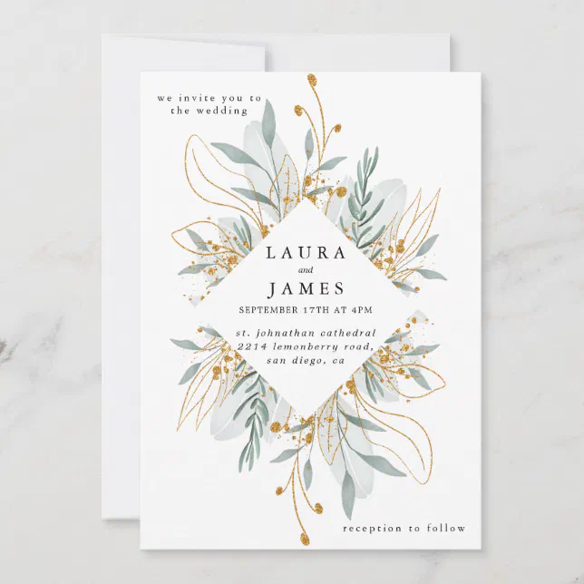 Elegant Wedding Greenery gold Invitation | Zazzle