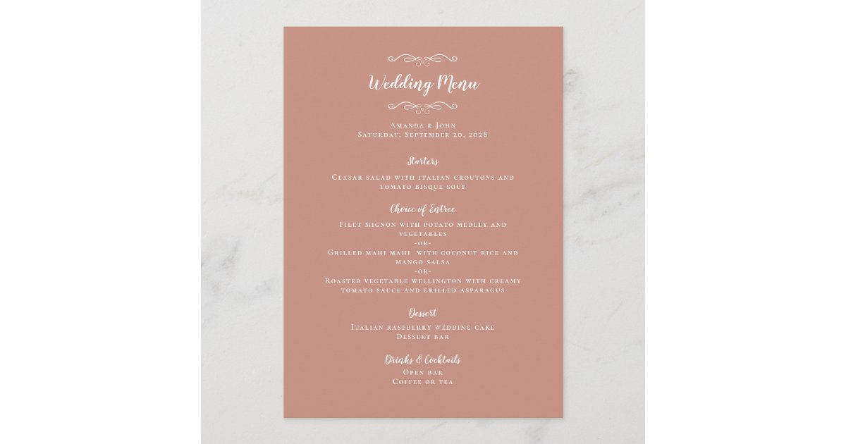 Elegant Wedding Guest Calligraphy Rose Gold Dinner Menu | Zazzle