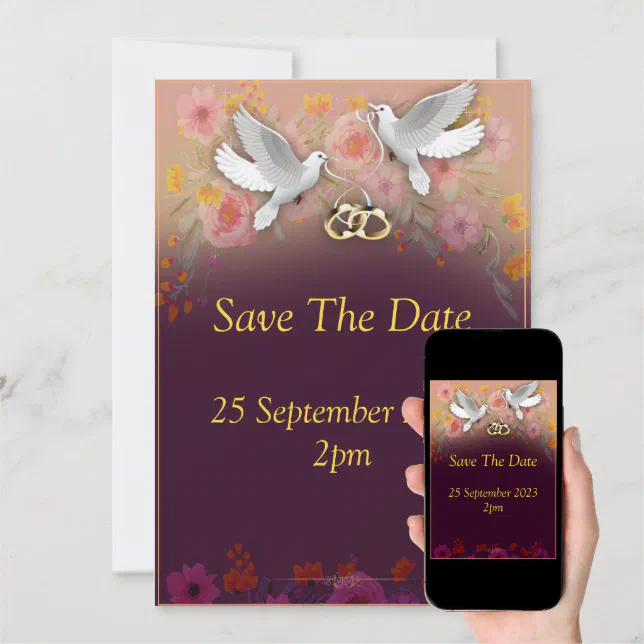 Elegant Wedding Invitation, doves and rings purple Invitation | Zazzle