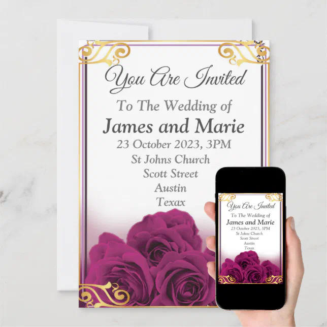 Elegant Wedding Invitation, purple roses Invitation | Zazzle