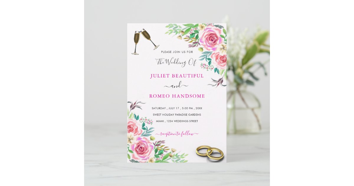 Elegant Wedding Invitation with Roses and Rings | Zazzle