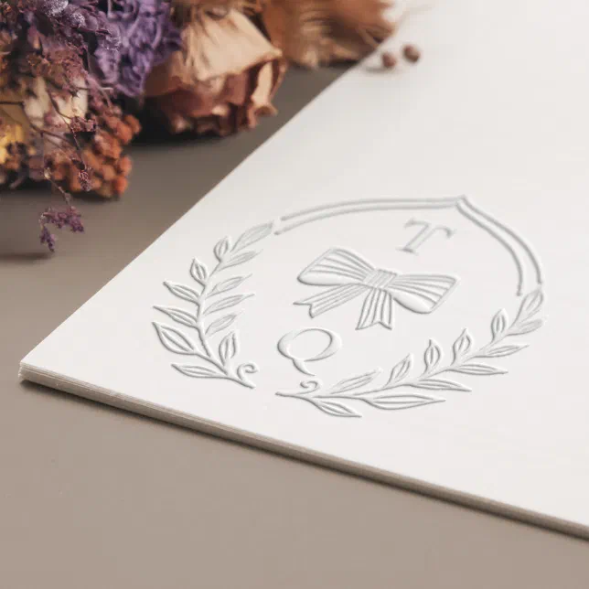 Elegant Wedding Leaf & Bow Crest Monogram Design Embosser | Zazzle