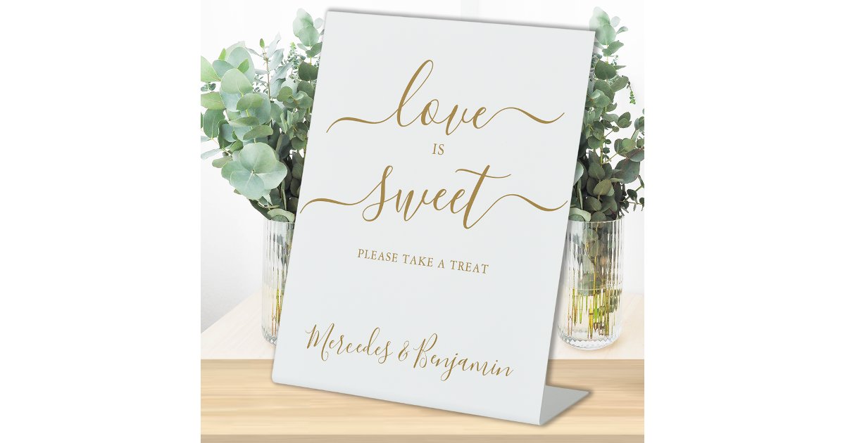 Elegant Wedding Love Sweet Gold Personalized Table Pedestal Sign | Zazzle