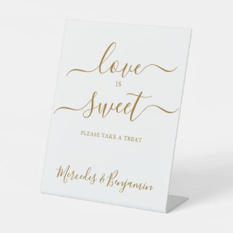 Elegant Wedding Love Sweet Gold Personalized Table Pedestal Sign | Zazzle