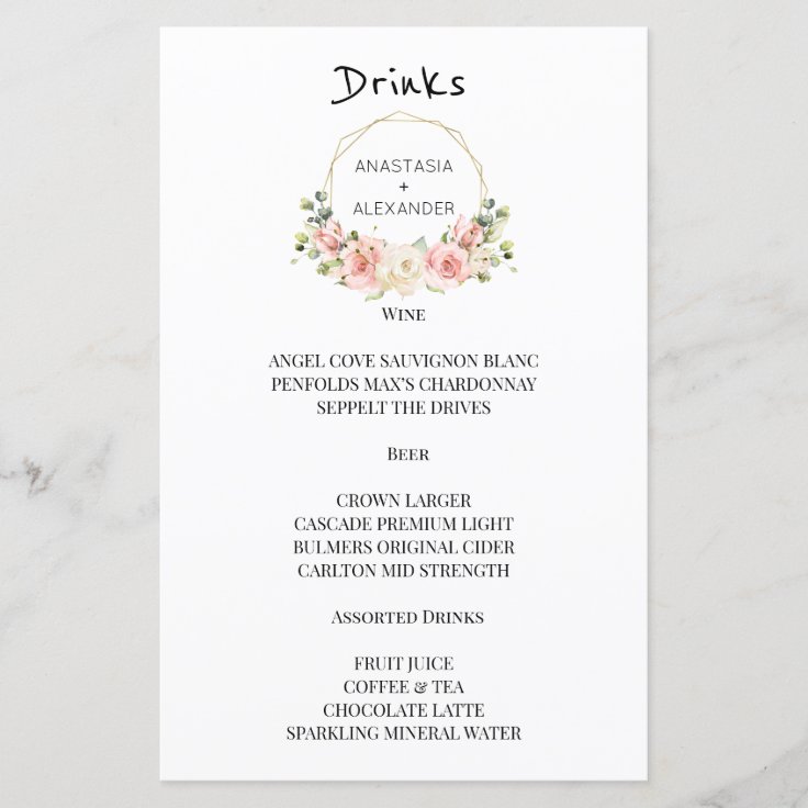 Elegant WEDDING MENU drinks. | Zazzle