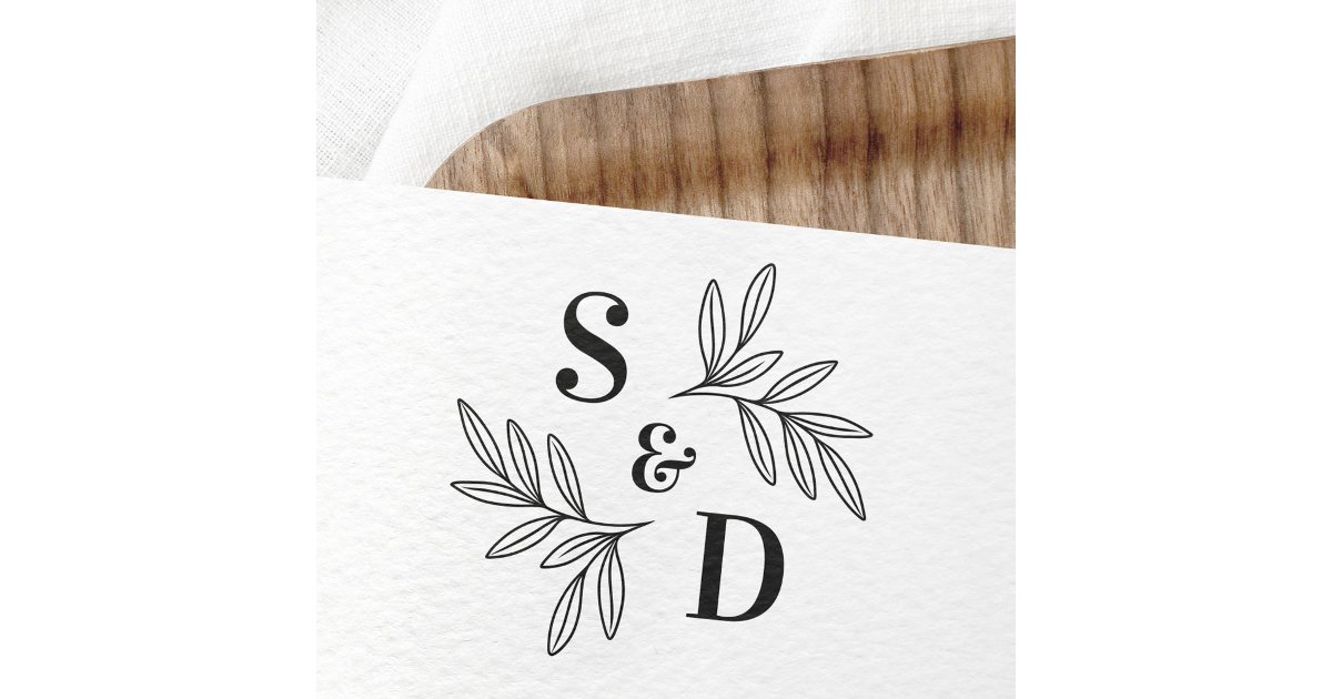 Elegant wedding monogram greenery leaves rubber stamp | Zazzle