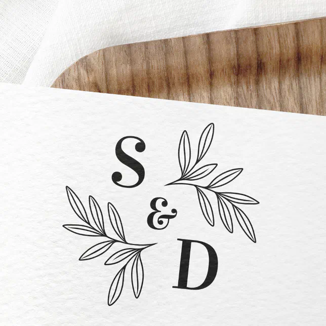 Elegant wedding monogram greenery leaves rubber stamp | Zazzle
