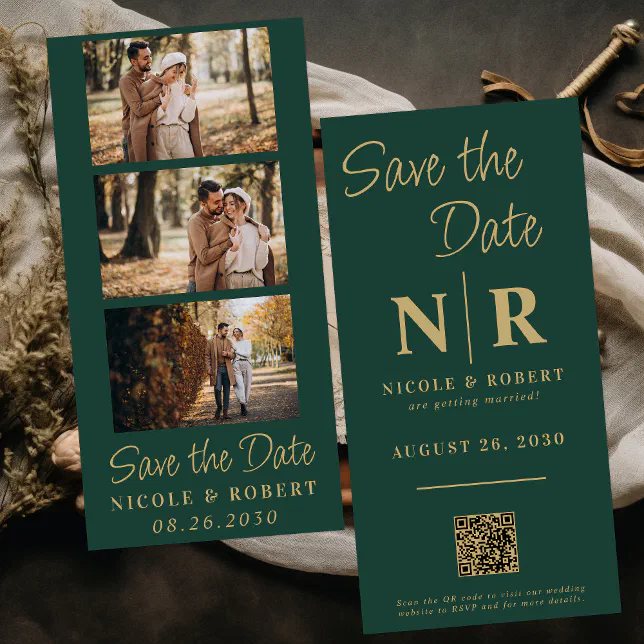 Elegant Wedding Monogram Photo Strip QR Code Save The Date | Zazzle