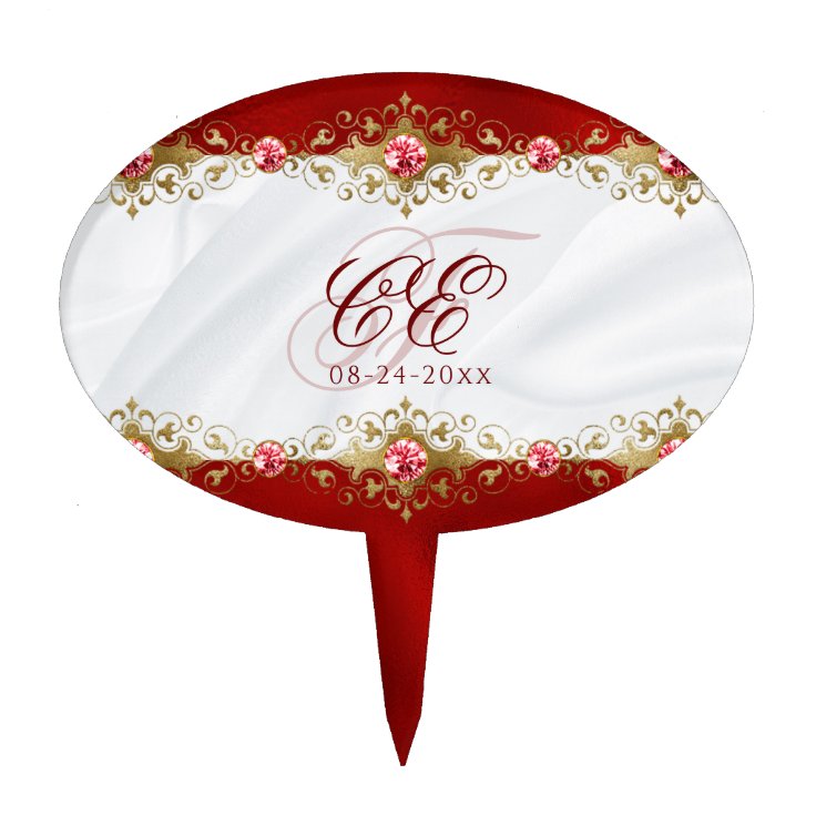 Elegant Wedding Monogram Red Gold Floral Cake Topper | Zazzle