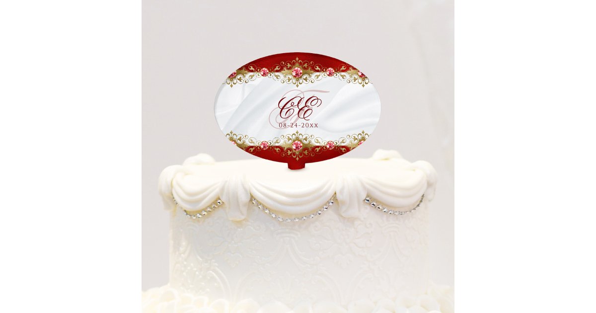 Elegant Wedding Monogram Red Gold Floral Cake Topper | Zazzle