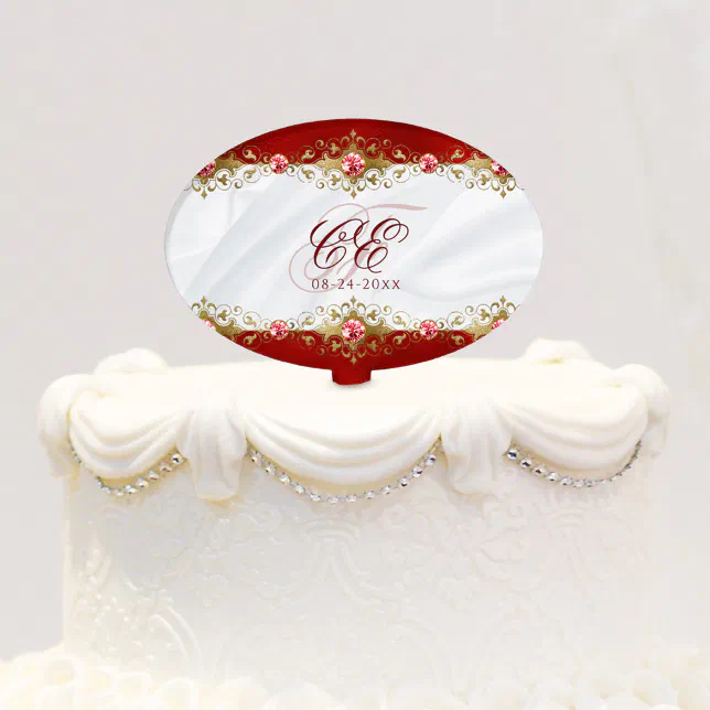 Elegant Wedding Monogram Red Gold Floral Cake Topper | Zazzle