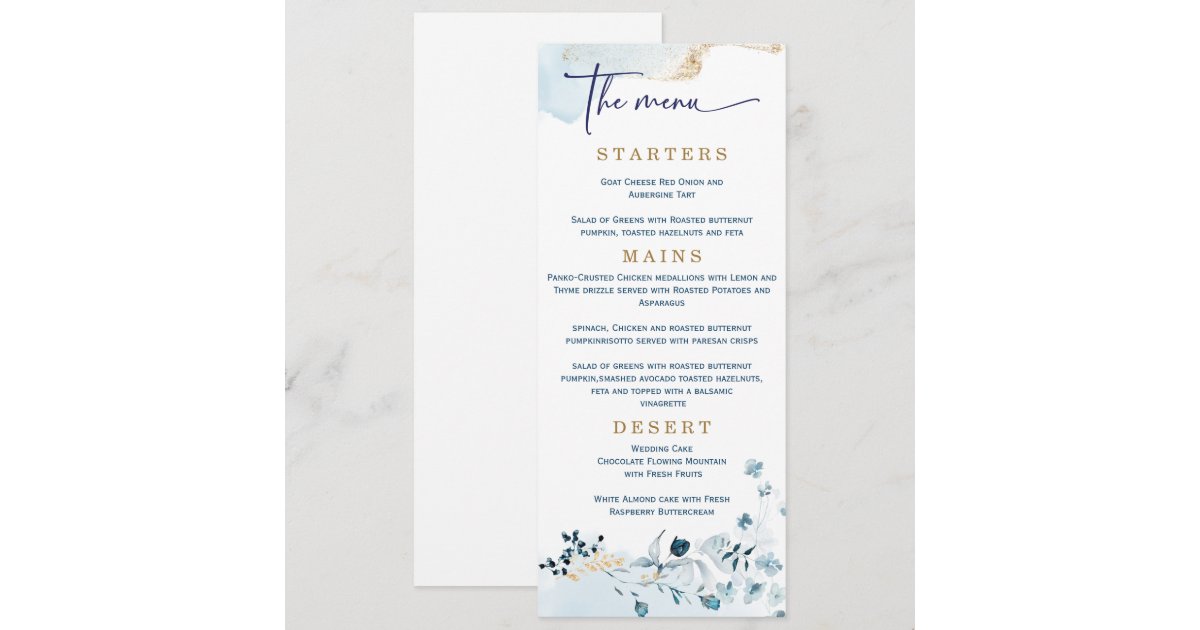 Elegant Wedding Navy Blue and Gold Menu | Zazzle