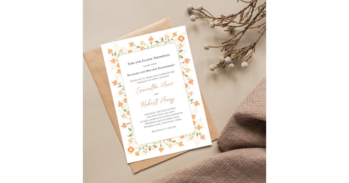 Elegant Wedding Peach Floral Greenery Invitation | Zazzle