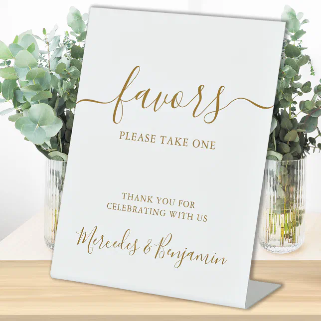 Elegant Wedding Personalized Gold Favors Table Pedestal Sign | Zazzle