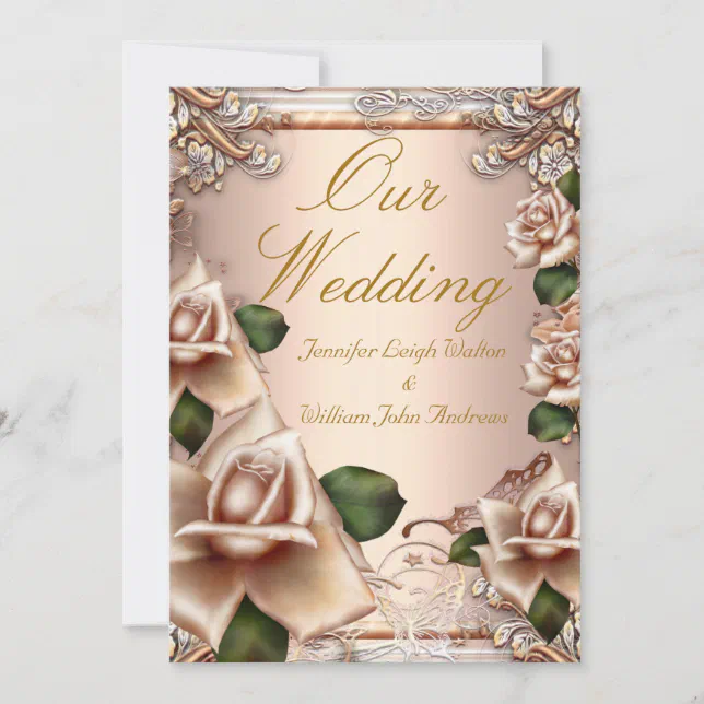 Elegant Wedding Pretty Beige Cream Gold Rose Invitation | Zazzle