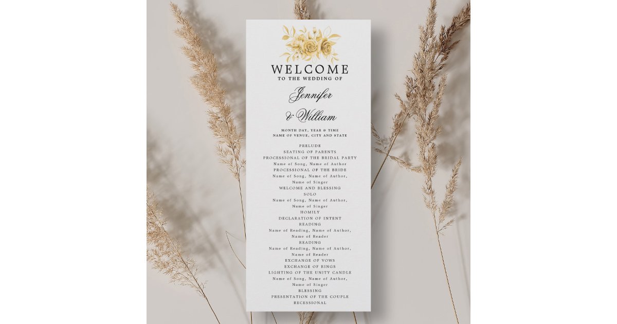 Elegant Wedding Program Gold Floral Script | Zazzle