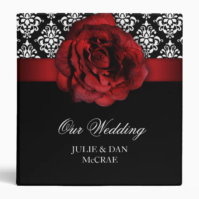 Elegant Wedding Red Rose Damask Red Black White Binder | Zazzle