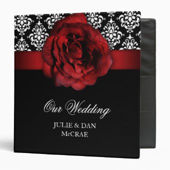 Elegant Wedding Red Rose Damask Red Black White Binder | Zazzle