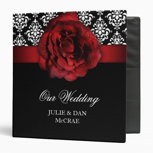 Elegant Wedding Red Rose Damask Red Black White Binder | Zazzle