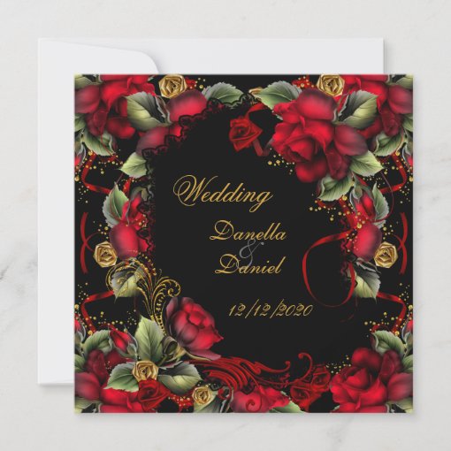 Elegant Wedding Red Roses Gold Black A Invitation | Zazzle