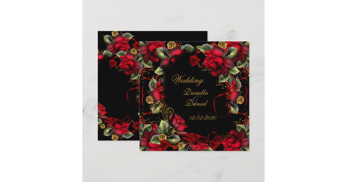 Elegant Wedding Red Roses Gold Black A Invitation | Zazzle