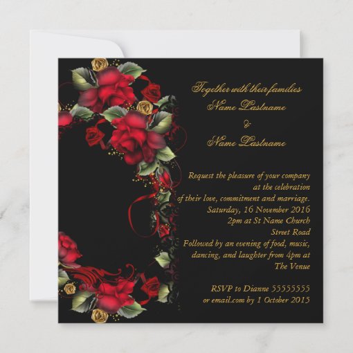 Elegant Wedding Red Roses Gold Black A Invitation | Zazzle